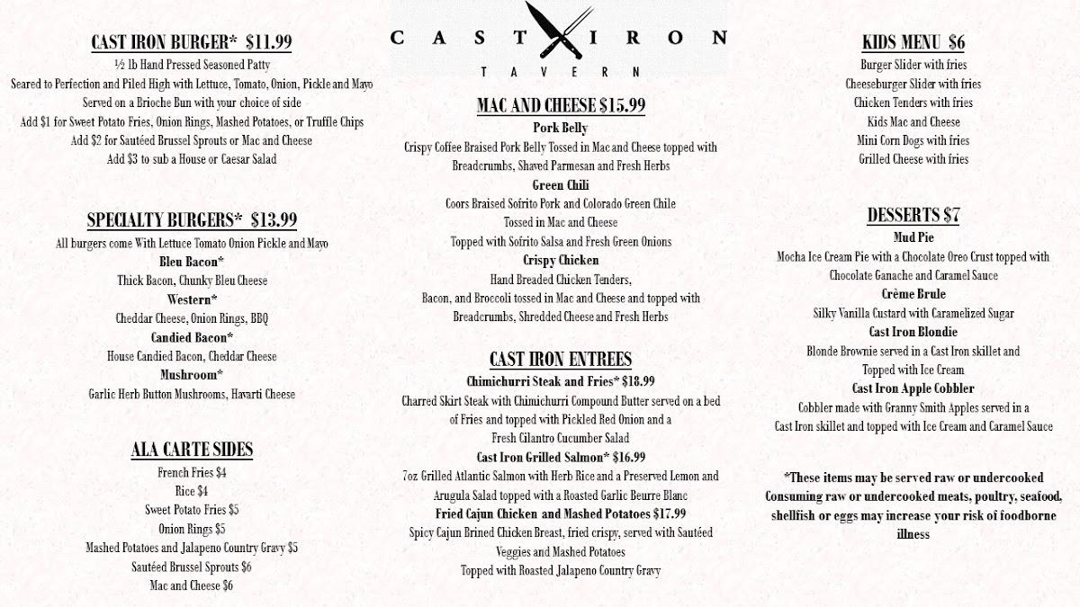Menu at Cast Iron Tavern pub & bar, Golden