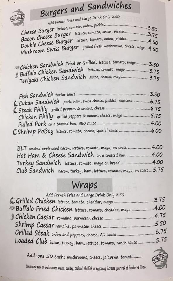 Menu at Chompers Diner restaurant, Fanning Springs
