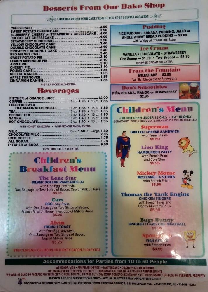 Menu at Dons Diner restaurant, Irvington