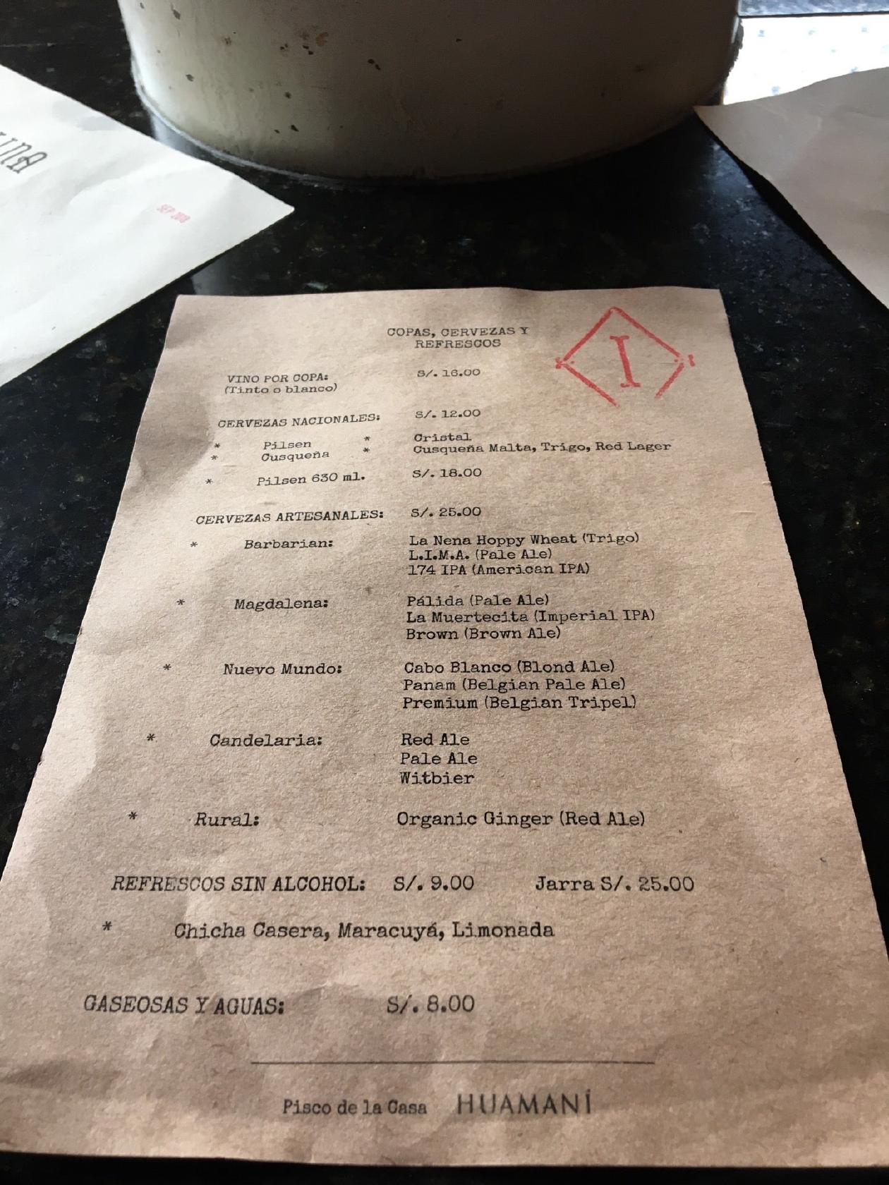 Carta del restaurante Isolina Taberna Peruana, Barranco