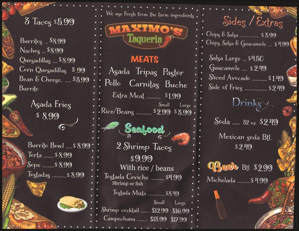 Menu at MAXIMOS TAQUERIA restaurant, Porterville