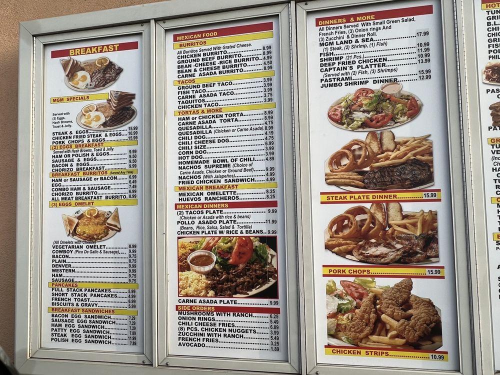 Menu at MGM Burgers restaurant, Riverside, Main St