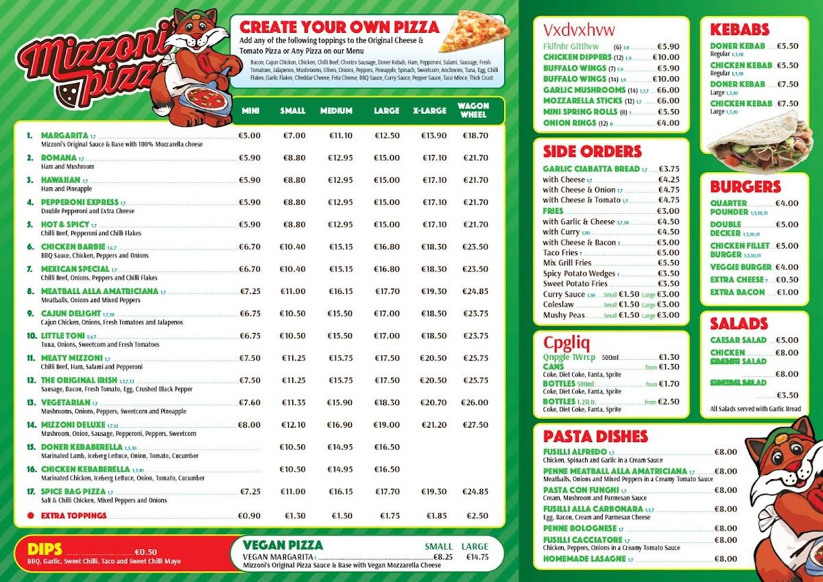 Menu at Mizzoni Pizza restaurant, Tralee