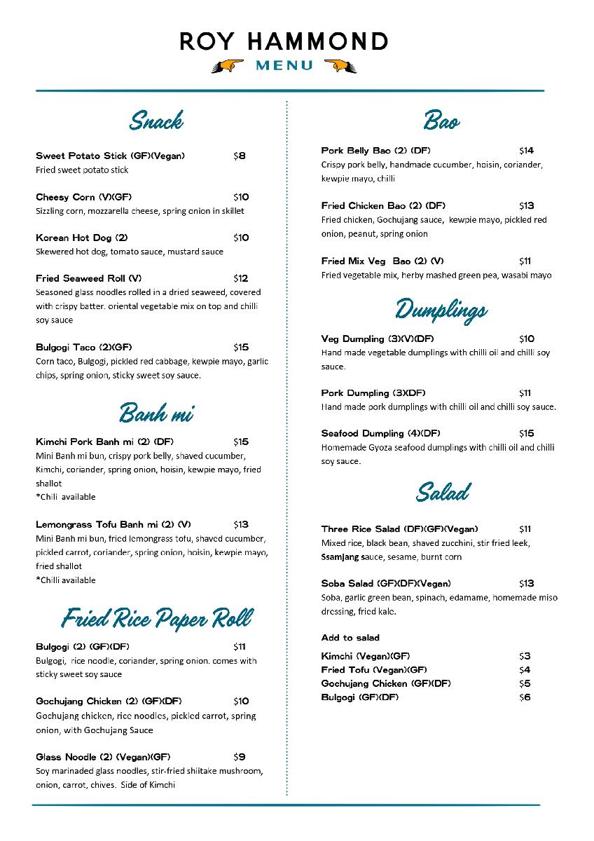 Menu at Roy Hammond pub & bar, Ballarat Central