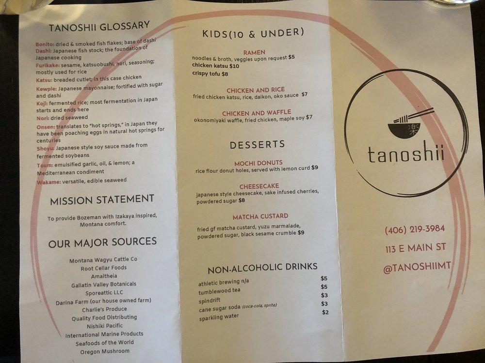 Carta del restaurante Tanoshii, Bozeman