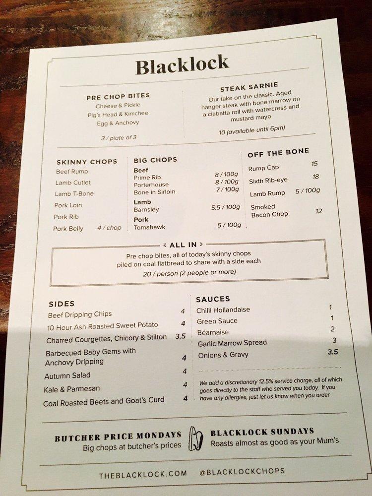 Menu at Blacklock Soho pub & bar, London, 24 Great Windmill St