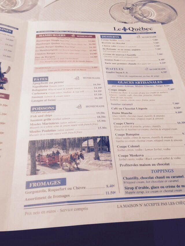 Menu au Le Québec restaurant, Nice