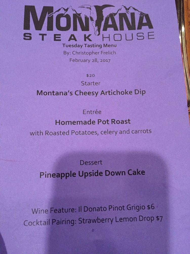 Menu at Montana's steakhouse, Lake Havasu City