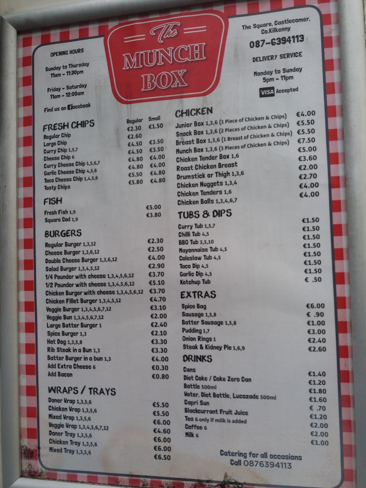 Menu at Munch Box Chipper restaurant, Castlecomer, The Square