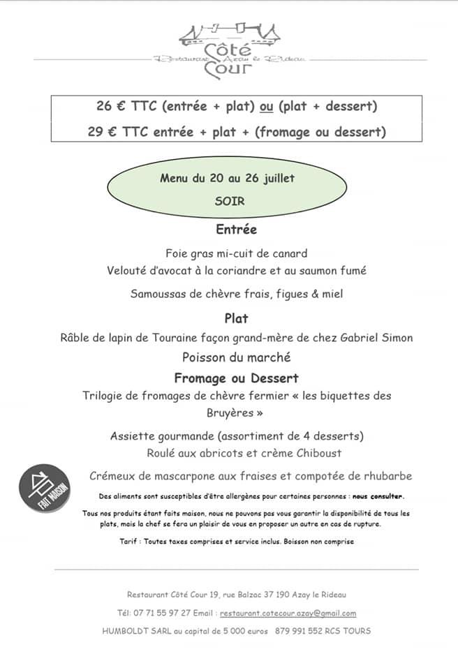 Menu au Restaurant Côté Cour Azay le Rideau, Azay-le-Rideau