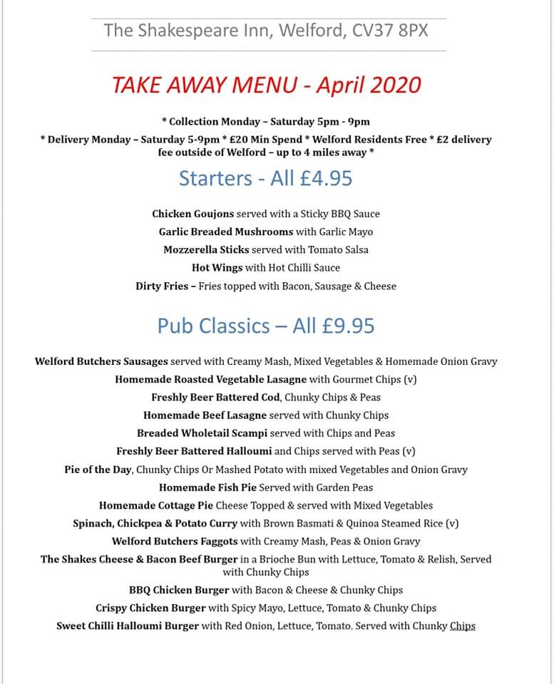 Menu at The Shakespeare Inn pub & bar, Stratford-upon-Avon
