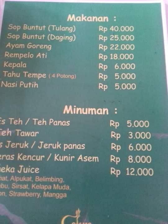 Menu at Sop Buntut dan Ayam Goreng COKRO restaurant, Yogyakarta