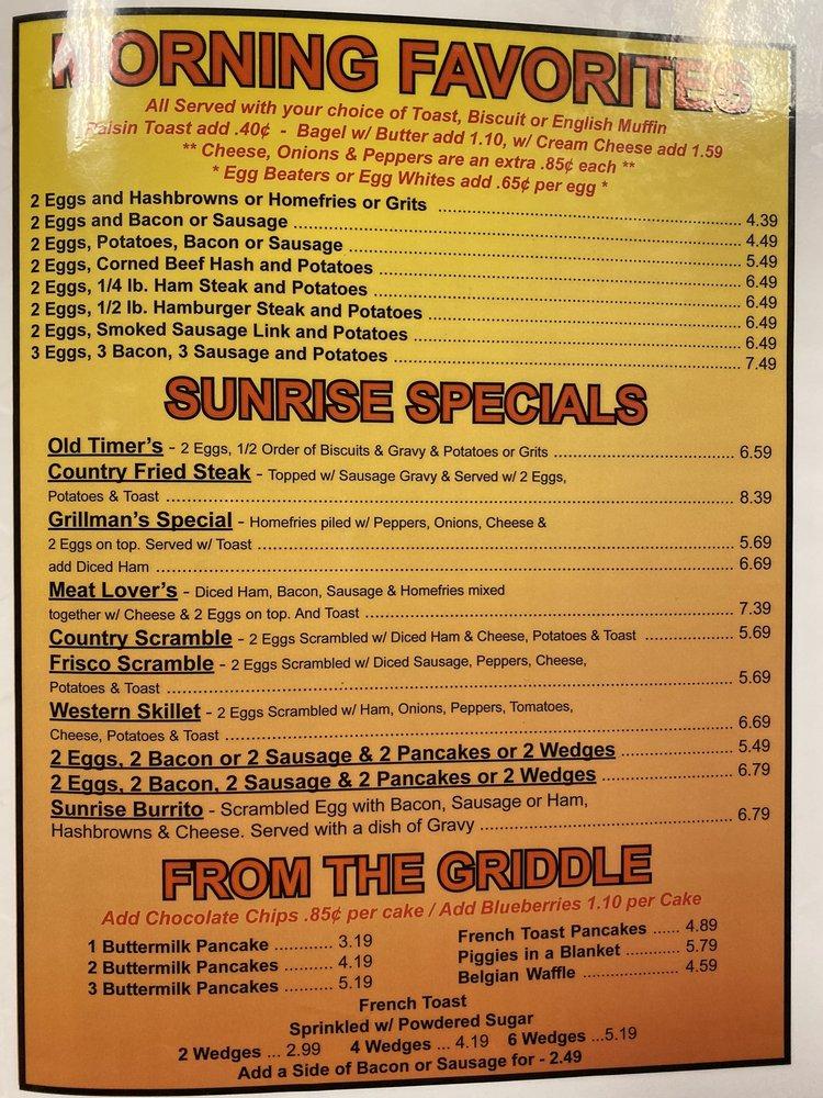 Menu at Sunrise Grill restaurant, Tavares