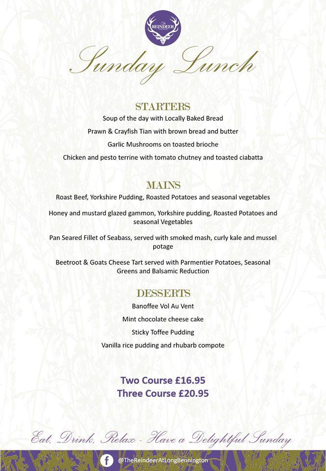 Menu at The Reindeer at Long Bennington pub & bar, Long Bennington