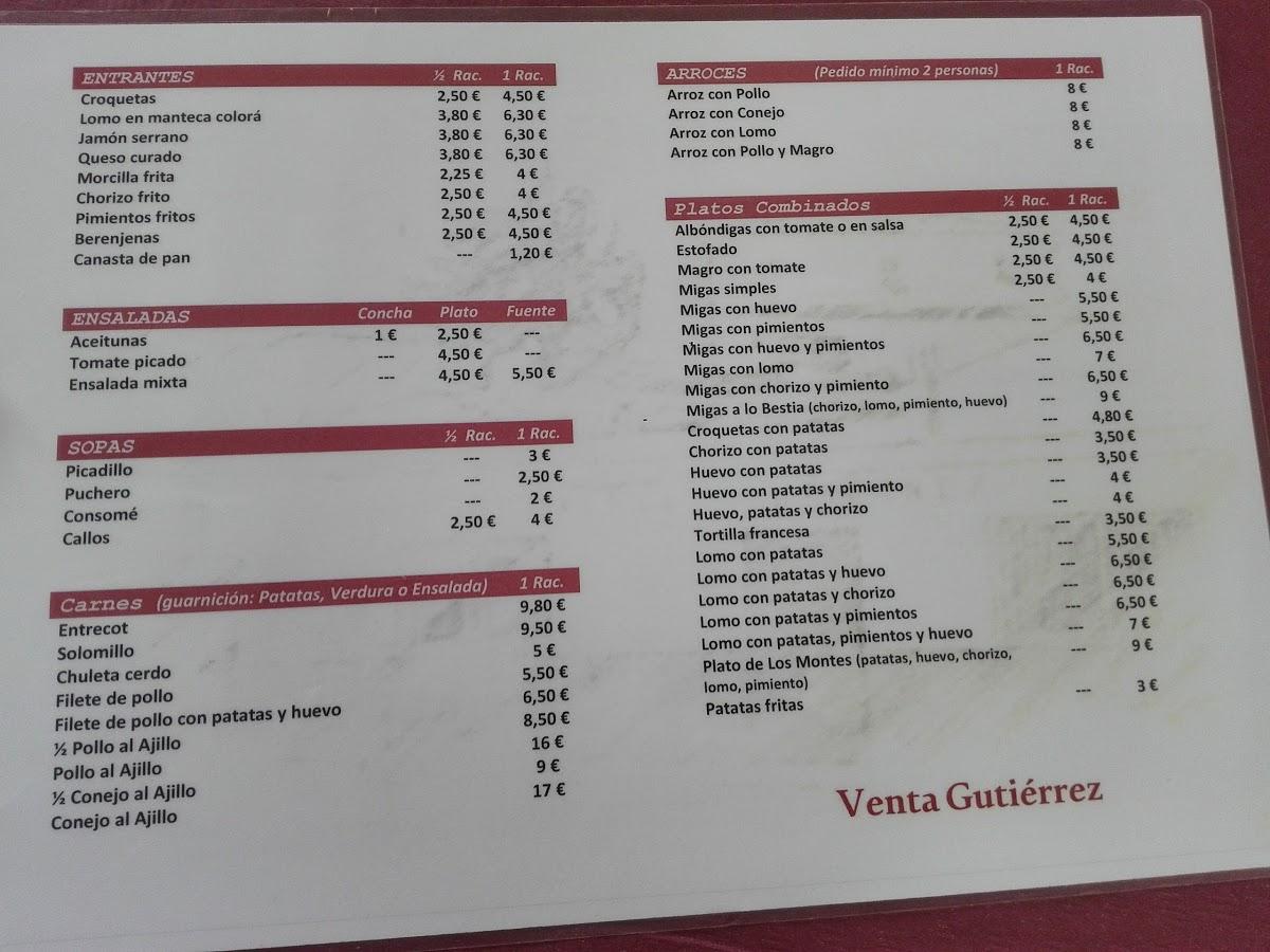 Carta de Restaurante Venta Gutiérrez, Málaga