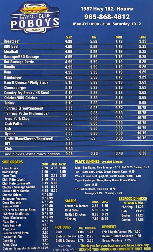 Menu at Bayou Blue Po-Boys restaurant, Houma, LA-182