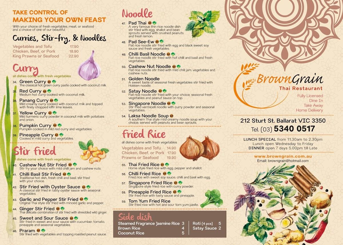 Menu at Brown Grain Thai Restaurant (Online Order Available), Ballarat ...