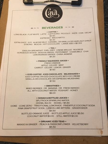 Menu at Cava cafe, Millers Point