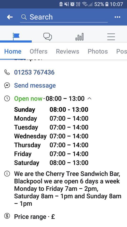 Menu at Cherry Tree Sandwich Bar, Blackpool