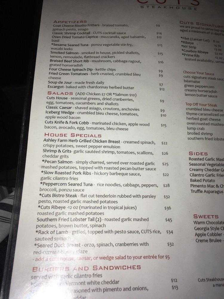 Menu at Cuts Steakhouse, Atlanta