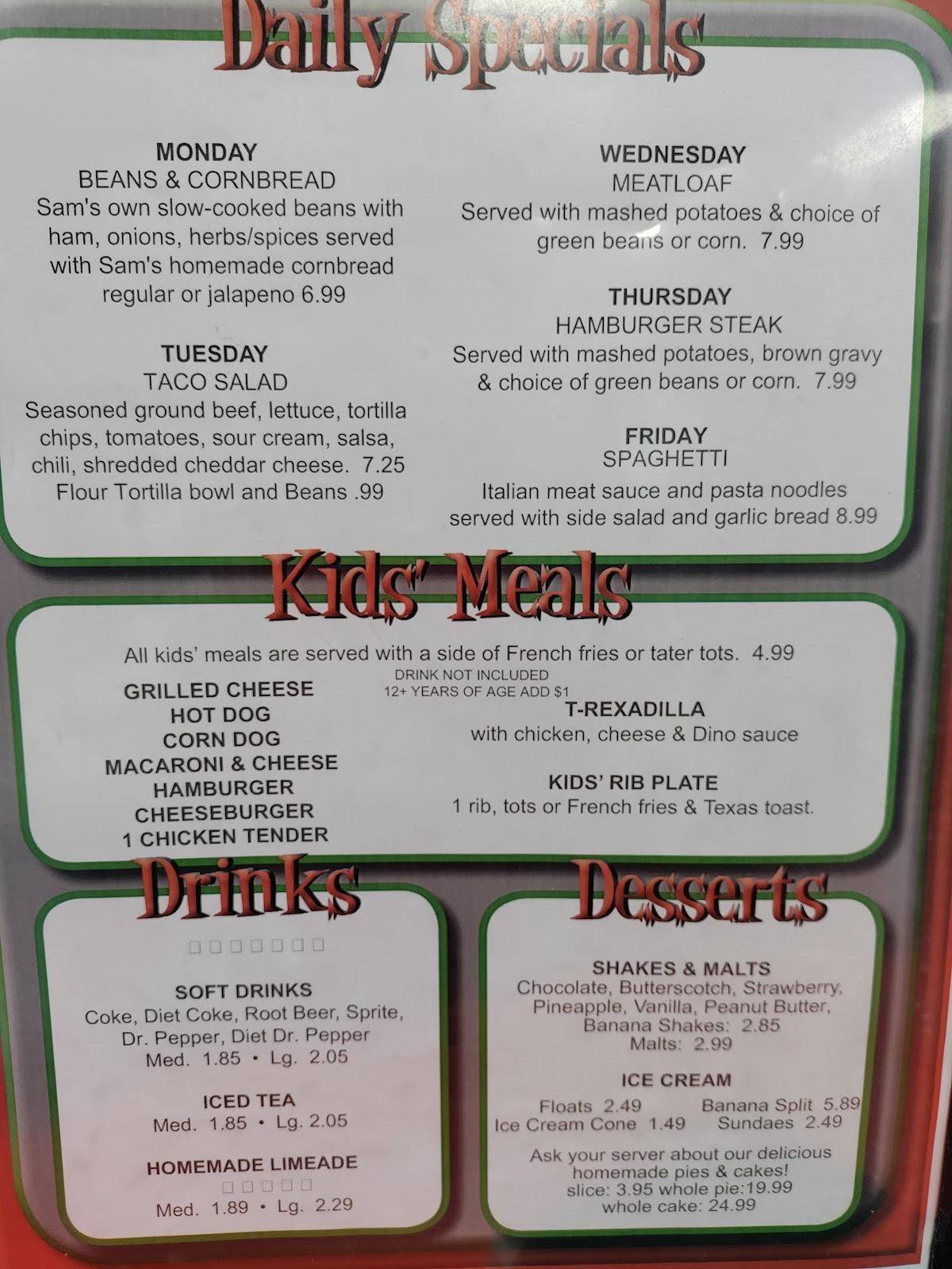 Menu at Sam's Family Diner BBQ, Centerton