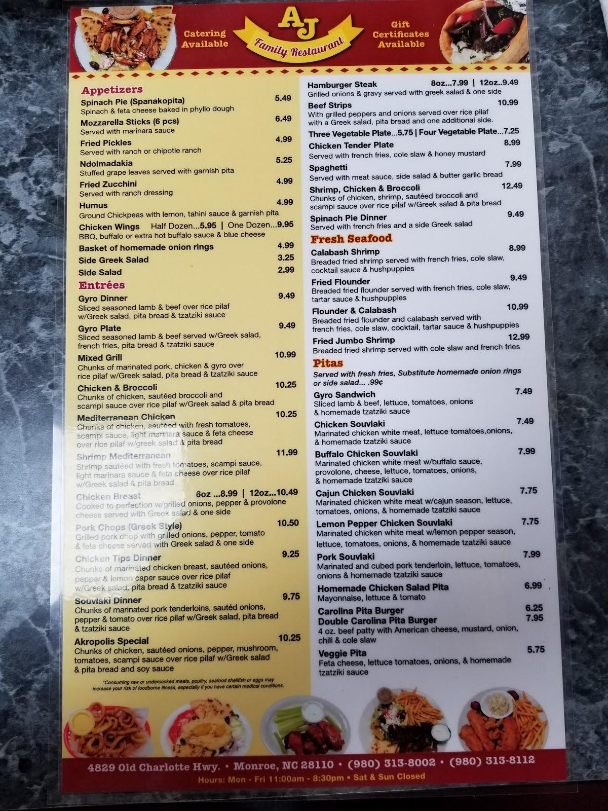 Menu at AJ Family Restaurant, Monroe