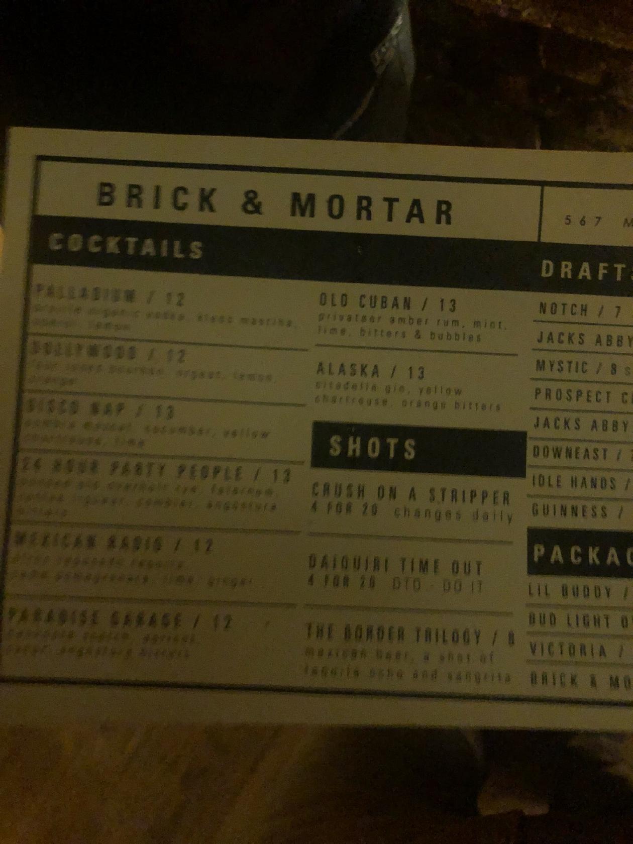 Menu at Brick & Mortar pub & bar, Cambridge, 567 Massachusetts Ave