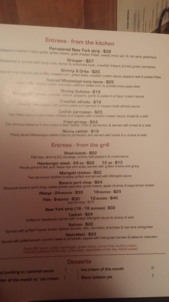 Menu at Crawdad's steakhouse, Merigold, 104 Park St