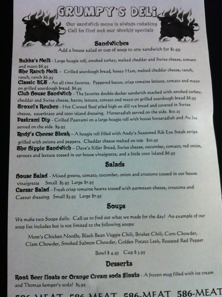 Menu at Grumpy's Delicatessen pub & bar, Juneau