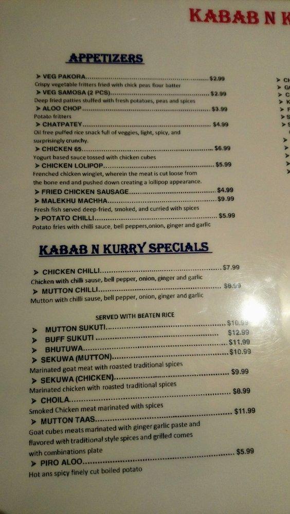 Menu at Irving Kabab N Kurry restaurant, Irving