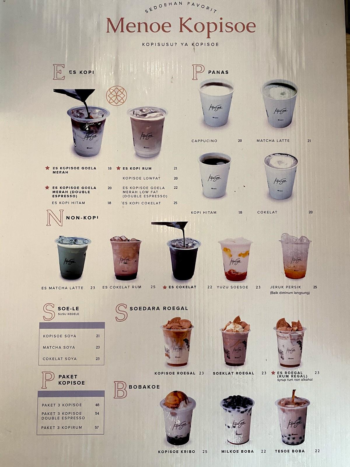 Menu at Kopi SOE cafe, Kupang