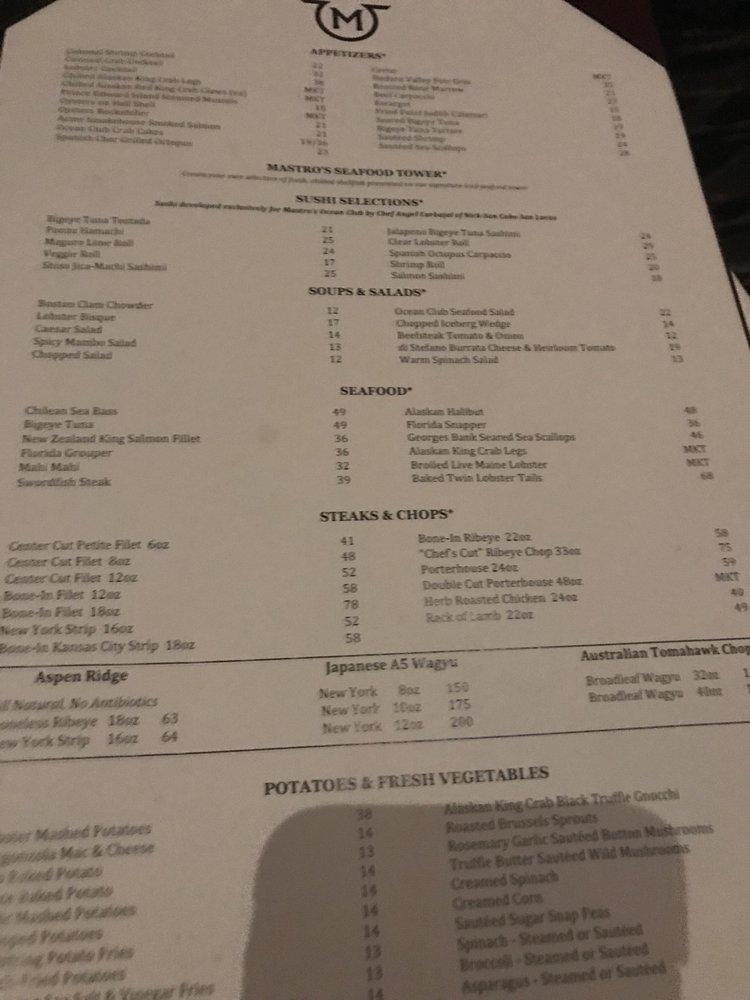 Menu at Mastro's Ocean Club, Fort Lauderdale