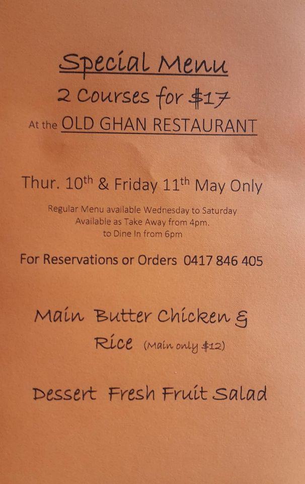 Menu at Old Ghan Restaurant, Hawker
