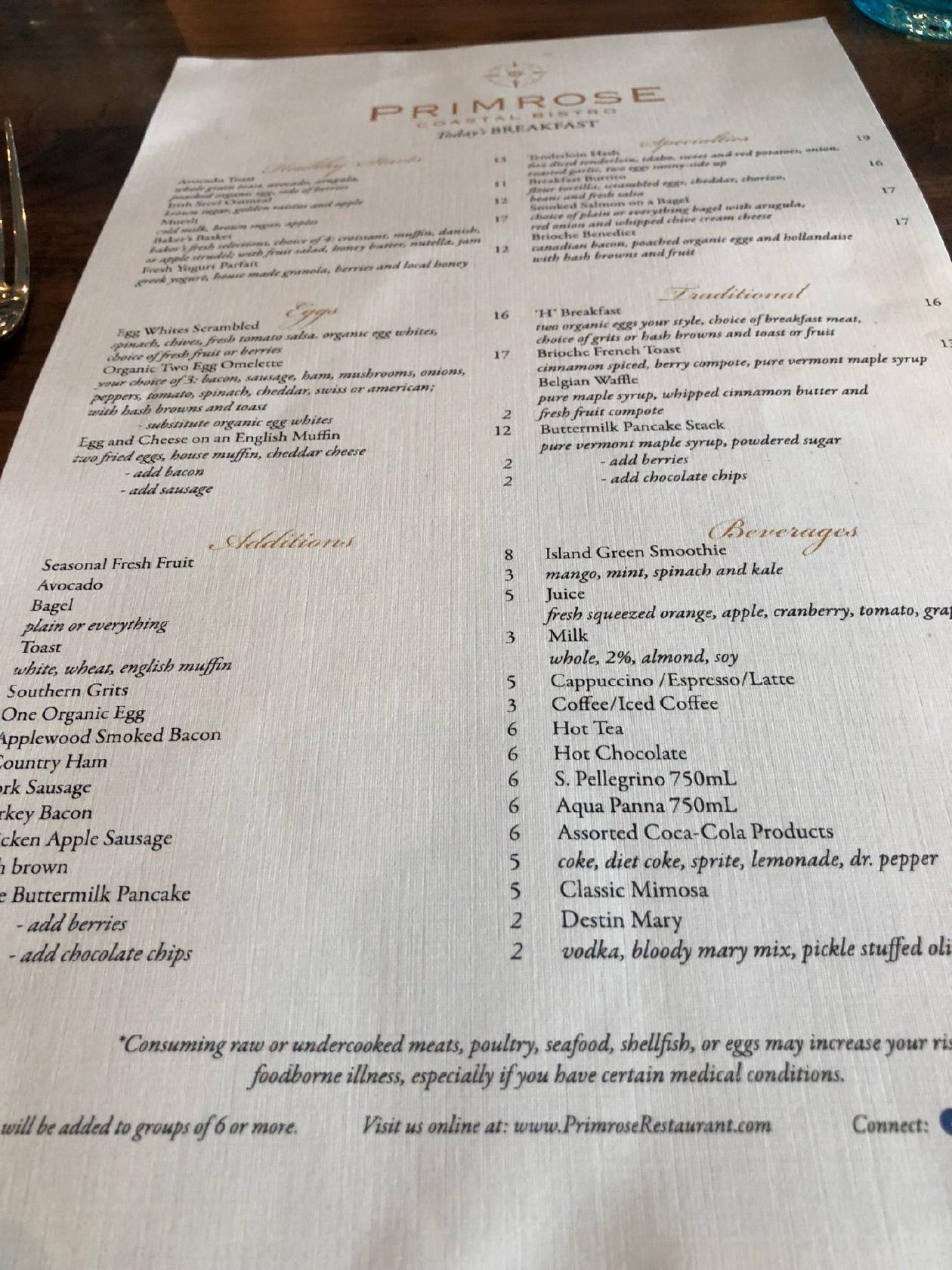 Menu at Primrose Restaurant, Destin