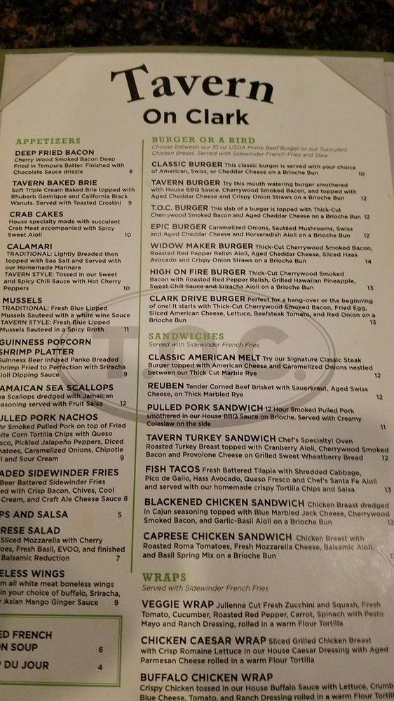 Menu at Tavern On Clark pub & bar, Rockford