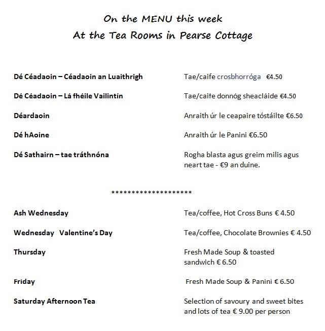 Menu at Tea Room at Pearse Cottage restaurant, Ireland