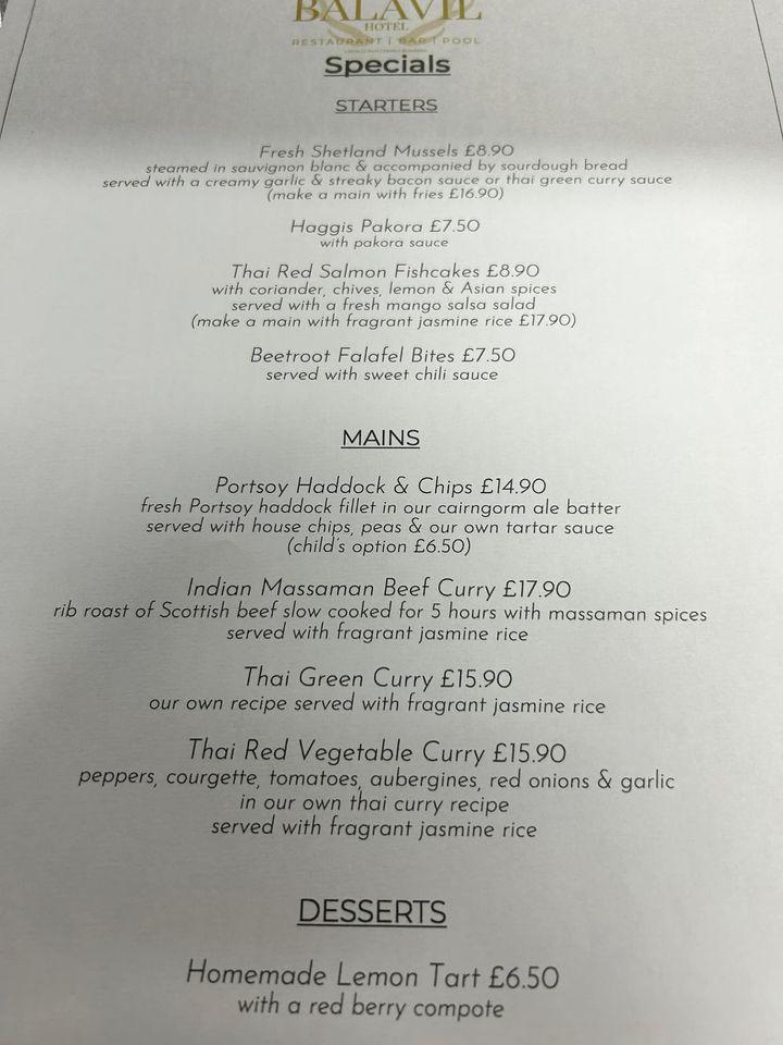 Menu at Balavil Hotel pub & bar, Newtonmore