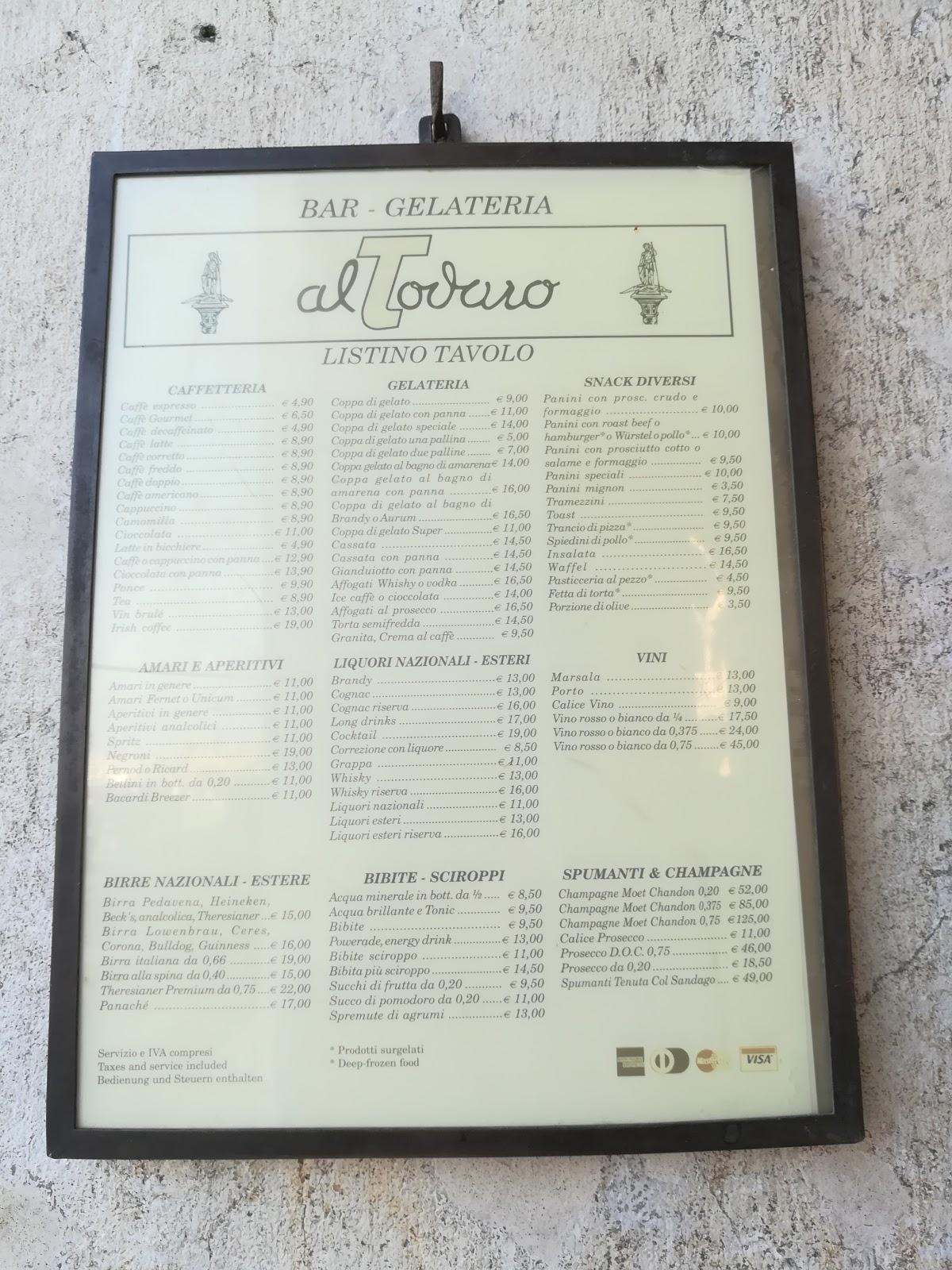 Menu at Caffè Gelateria Al Todaro Dal 1948 pub & bar, Venice