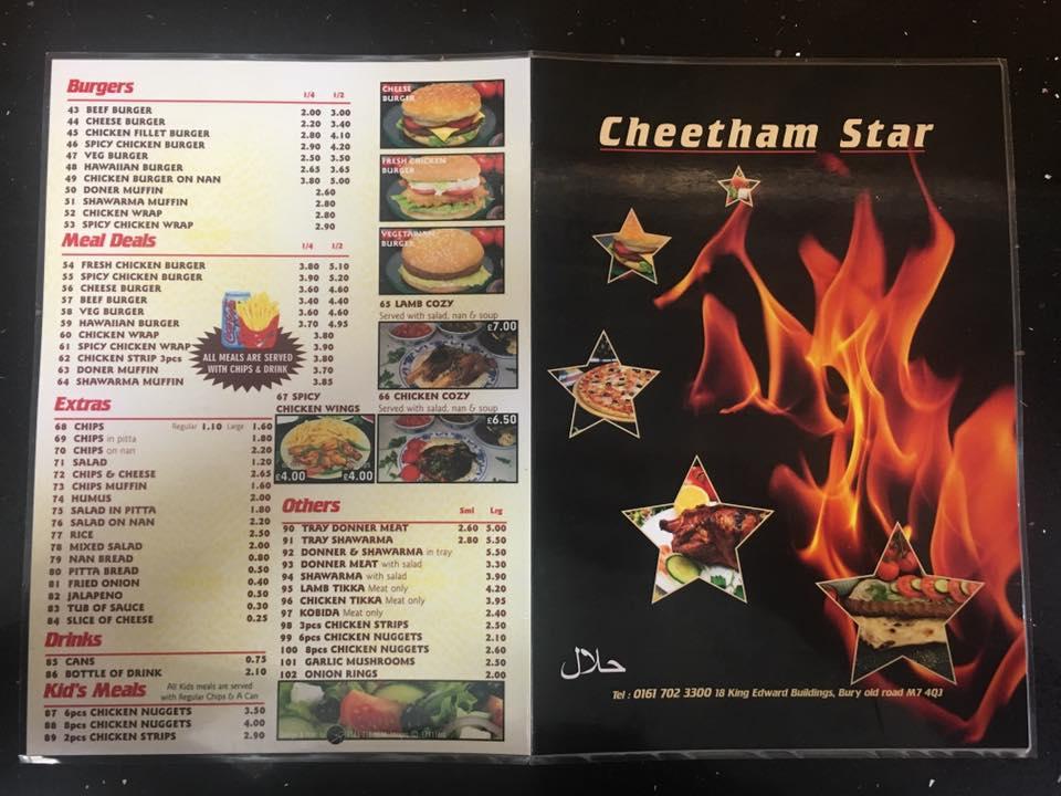 Menu at Cheetham Star restaurant, Manchester