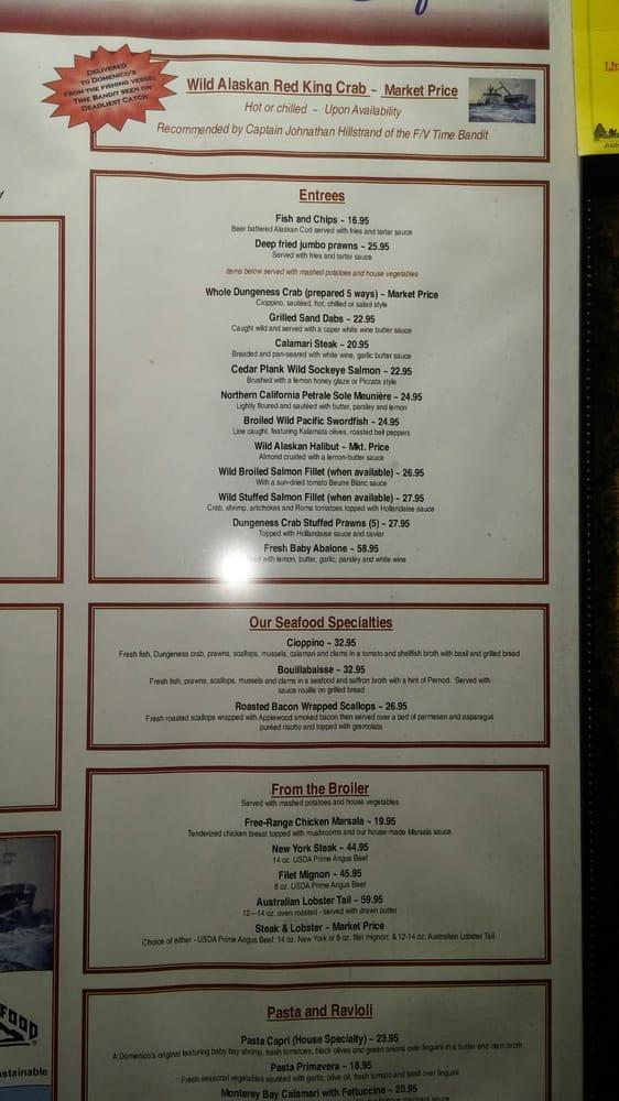 Menu at Domenico's on the Wharf restaurant, Monterey