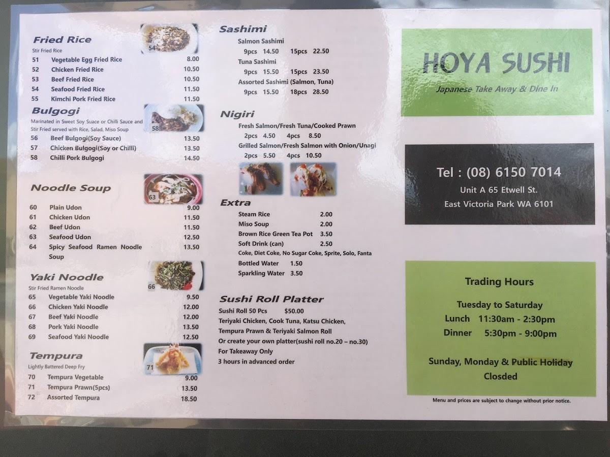 Menu at Hoya Sushi restaurant, East Victoria Park, 65A Etwell St