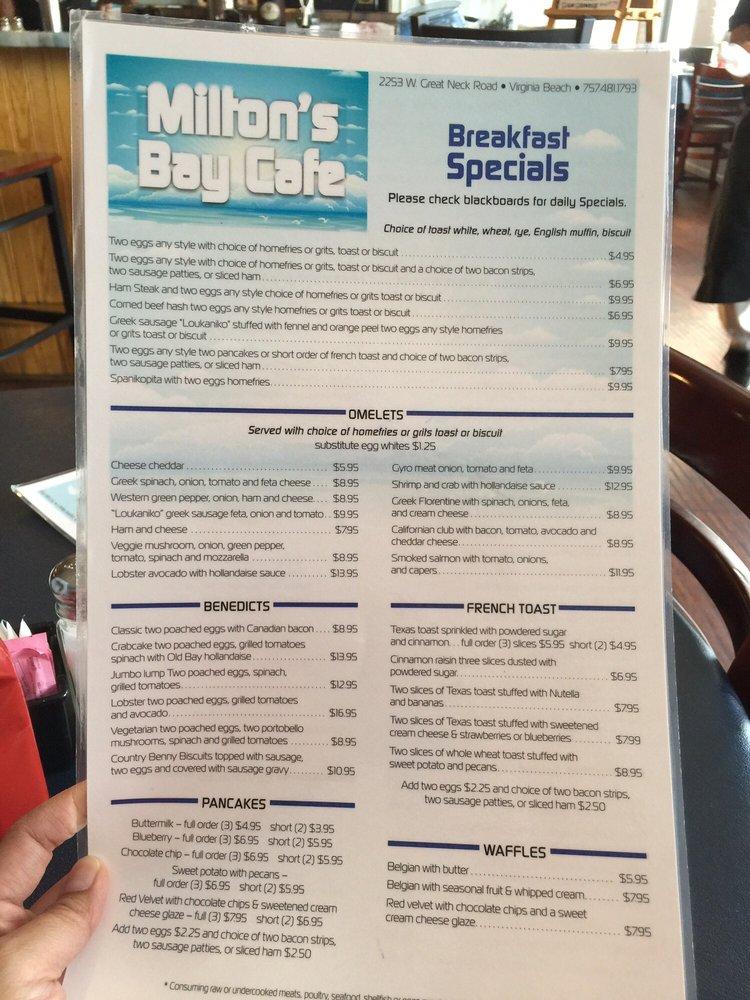 Menu at Milton's Bay Cafe, Virginia Beach