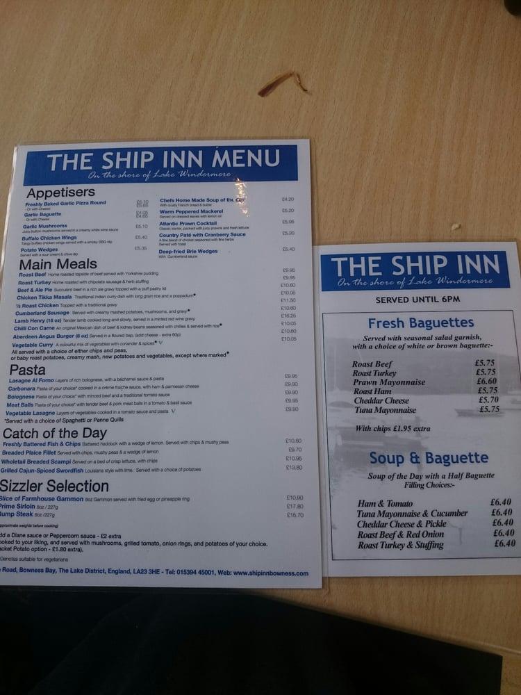 Menu at Ship Inn pub & bar, Windermere