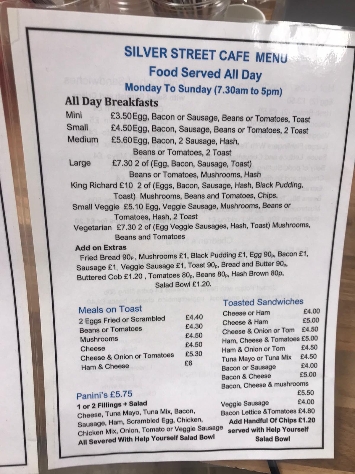 Menu at Silver Street Cafe, Leicester