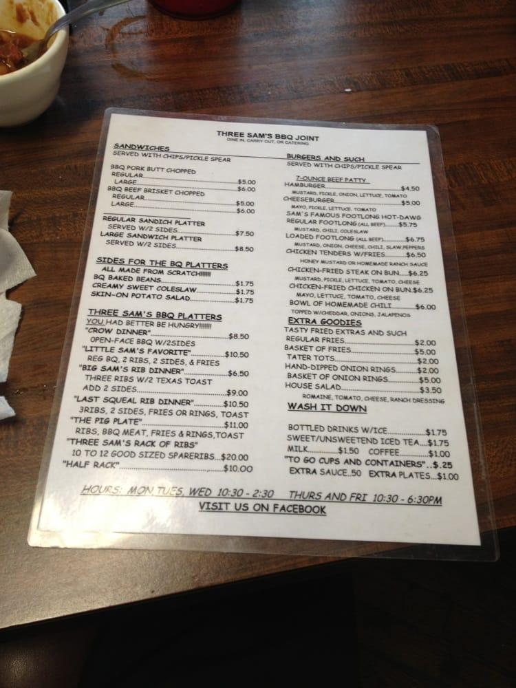 Menu at Three Sam's Barbeque Joint, Little Rock