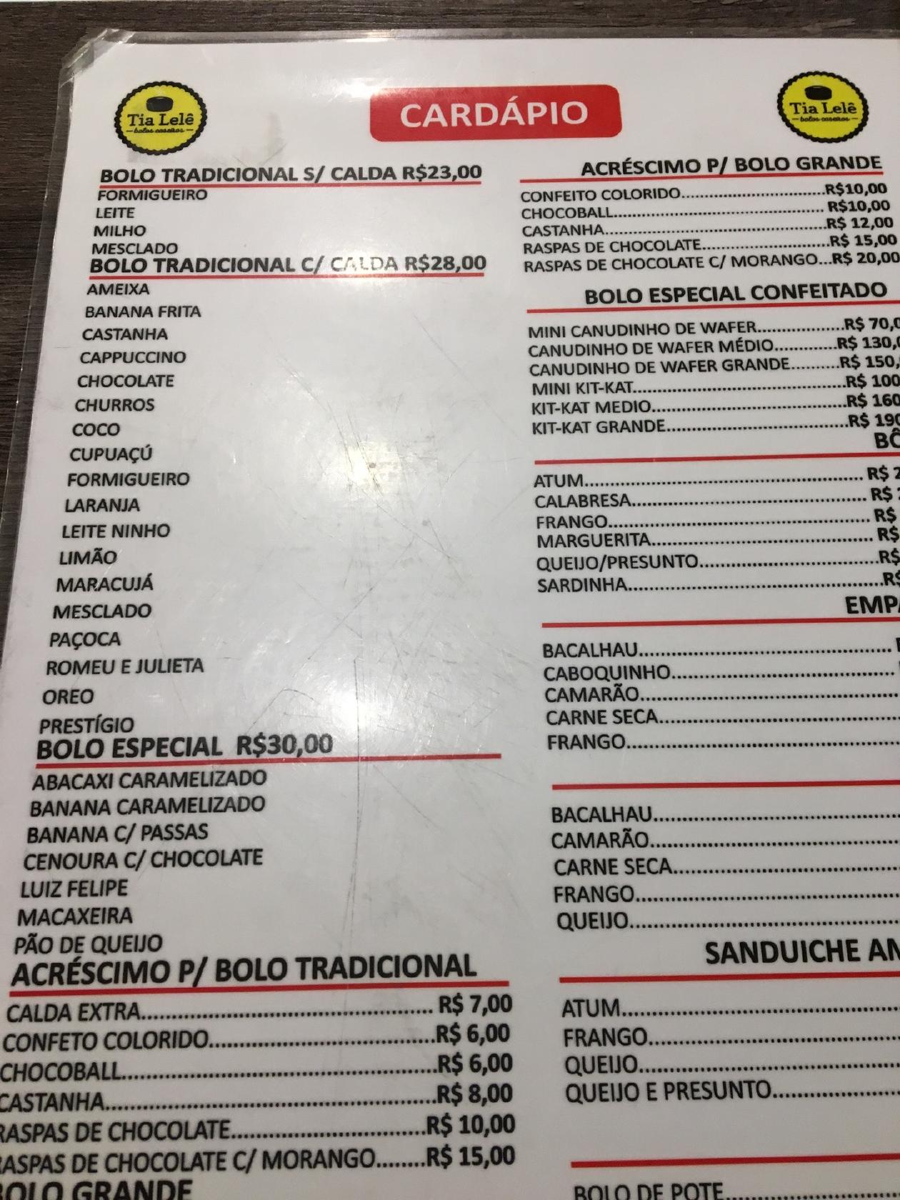 Menu at Tia Lele - Bolos Caseiros, Manaus