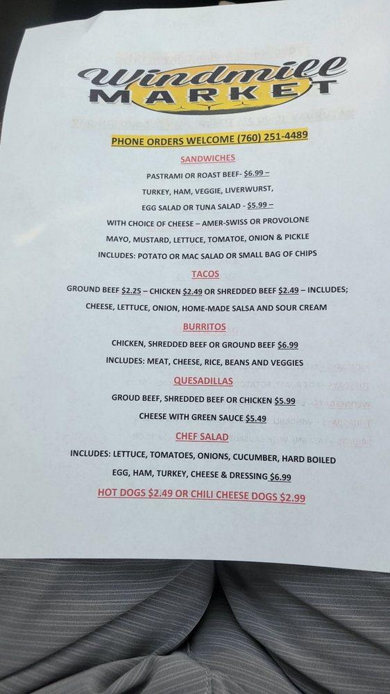 Menu at Windmill Market restaurant, Palm Springs