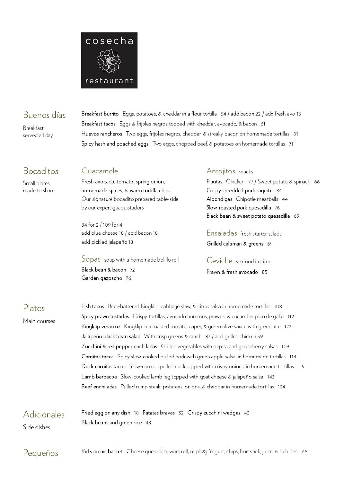 Menu at Cosecha Restaurant, Paarl