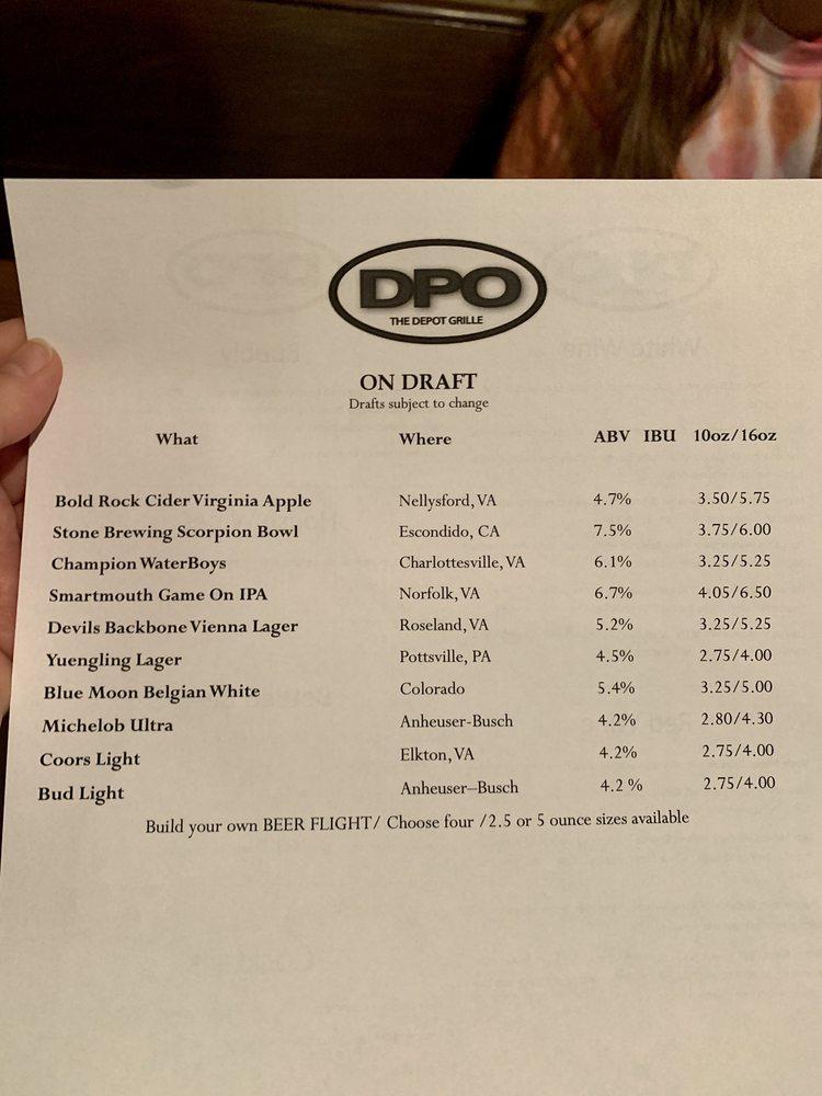 Menu at Depot Grille steakhouse, Staunton