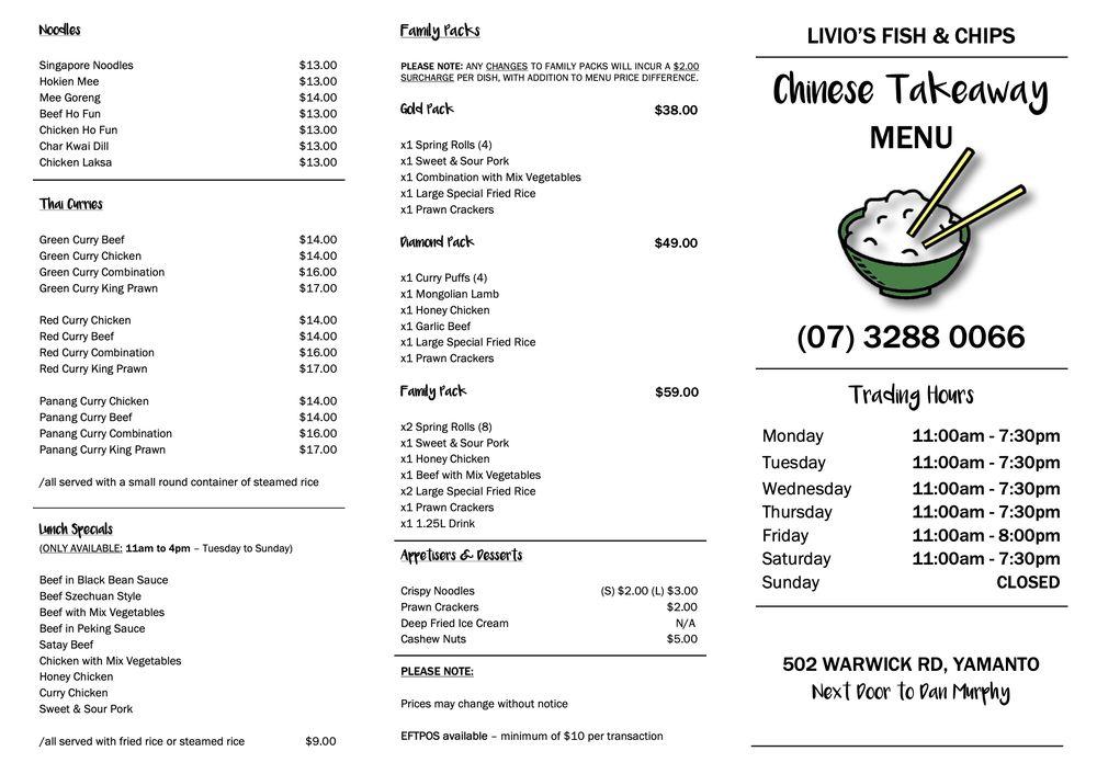 Menu at Livio's Fish & Chips Chinese Takeaway fast food, Yamanto, 13/ ...